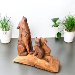 Wolfs Statue Wood Hand Made Spirit Wolf Mama and Puppies Howling to the ...