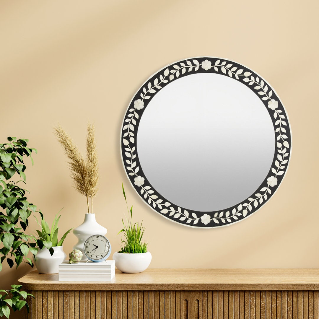 Handmade Bone Inlay Floral Round Mirror Frame Whit Complementary Mirror ...