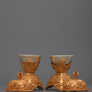 24K Gold Plated Buddhist Tantric Ritual Offering Skull Cup Set With ...