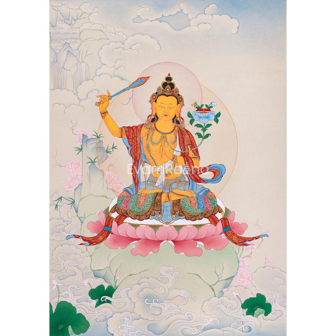Uniquely Painted Manjushri Thangka Sword of Wisdom Traditional Tibetan ...