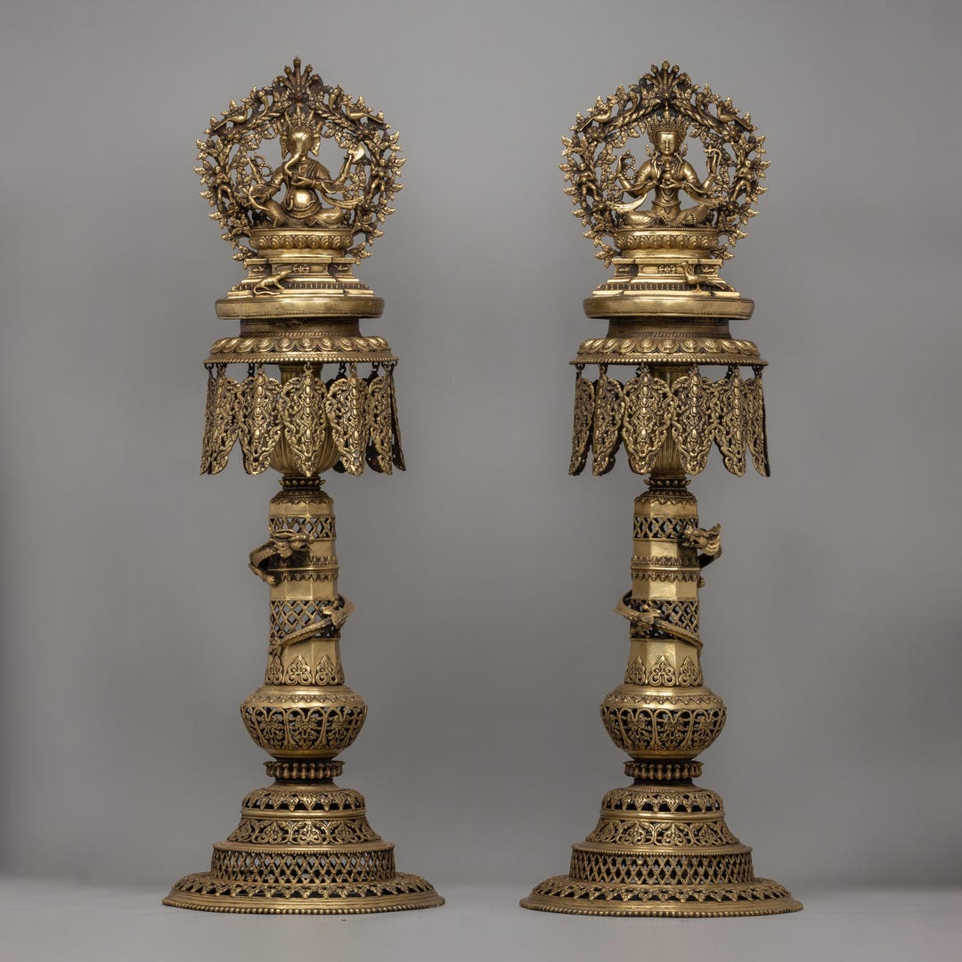 Typical Nepali Oil Lamp Set | Traditional Brass Butter Lamp Set ...