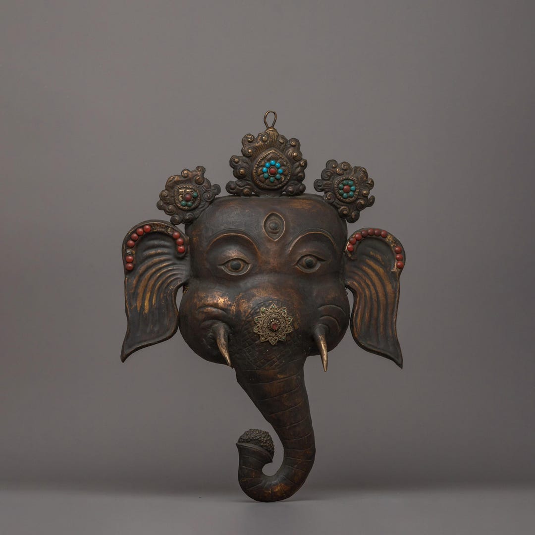 Handcrafted Elephant-headed Deity Mask | 37cm Oxidized Brass Ganesha ...