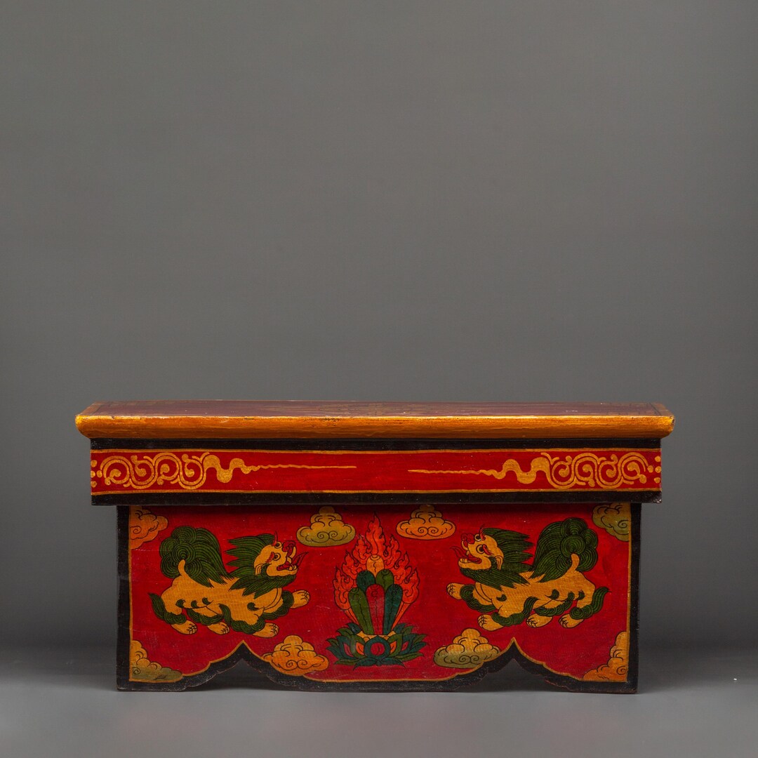 Tibetan Wooden Folding Table Hand-painted With Snow Lions | 46cm Wooden ...