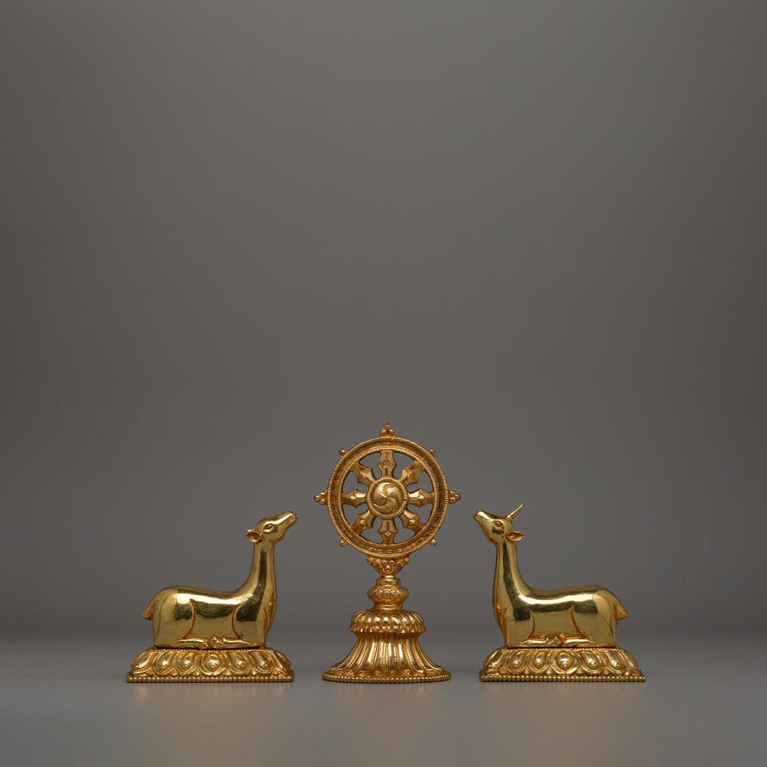 Gold-plated Dharma Wheel With Deer Set | Buddhist Ritual Decor, Sacred ...