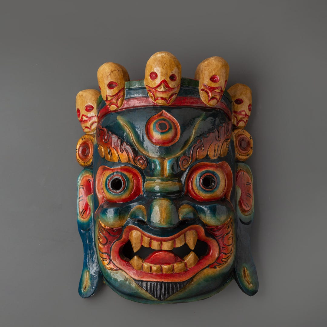 Wooden Mahakala Mask 43cm | Handcarved Tibetan Wrathful Deity Wall ...