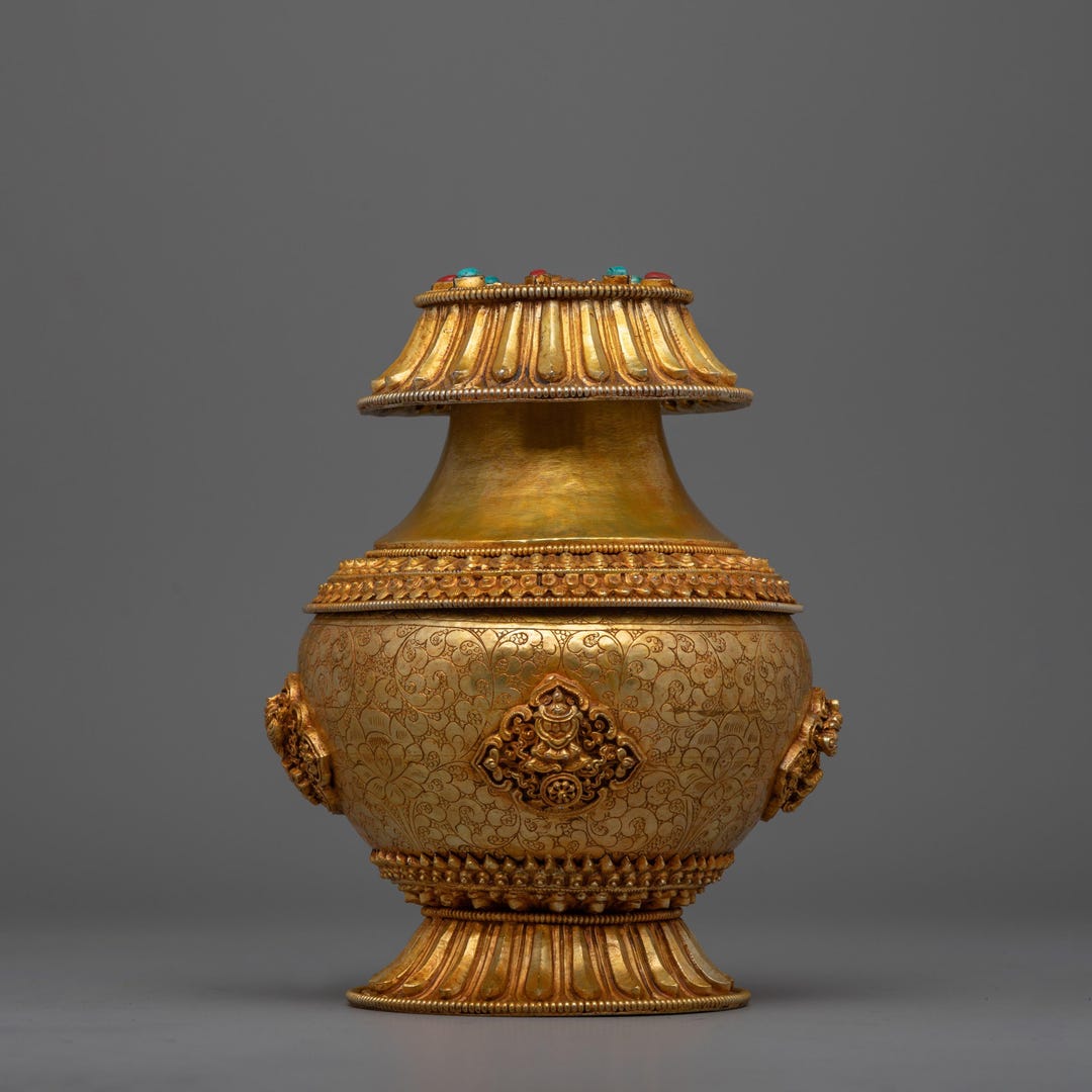 Handcrafted Auspicious Symbol Treasure Vase With Gemstones Embedded ...
