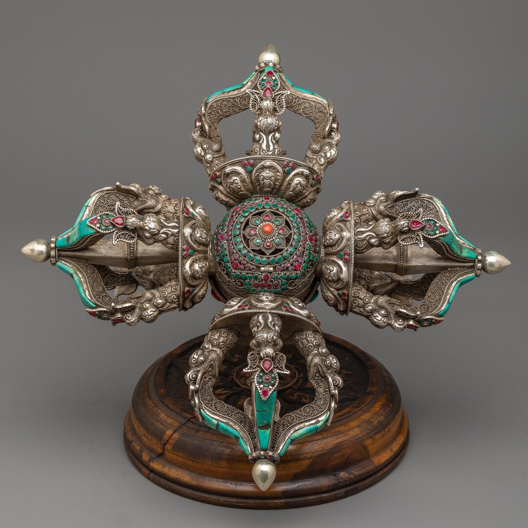 Silver Double Dorje With Wooden Stand | Tibetan Nepal Religious Item ...
