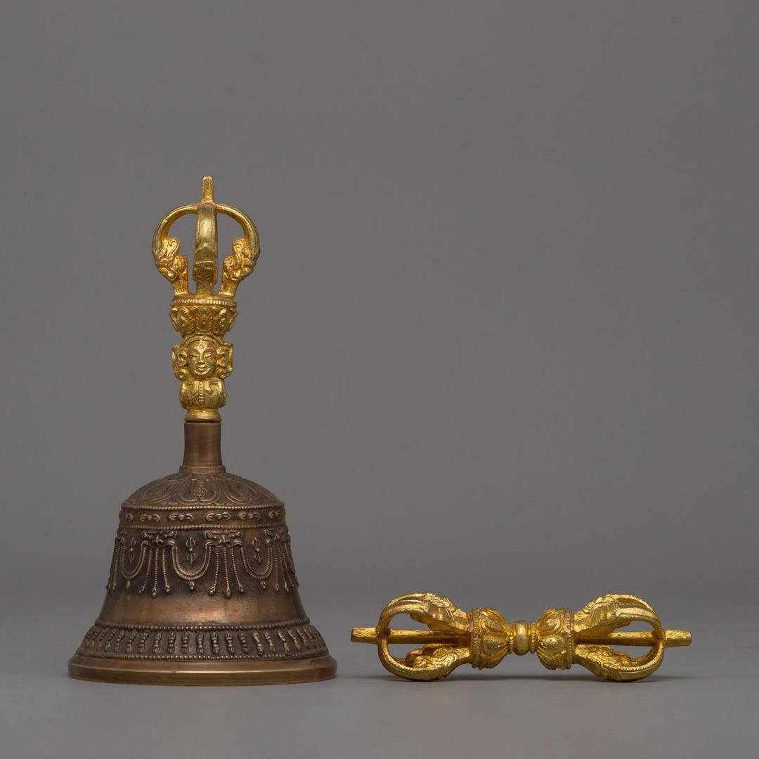 Tibetan Buddhist Dorje and Ghanta Set | Gold-plated Brass Buddhist ...