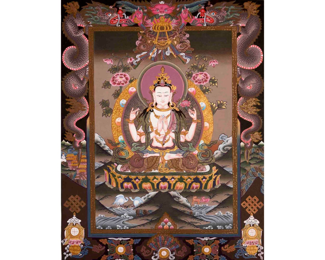 Original Hand-painted Dragon Border Avalokitesvara Chengrezig Thangka ...