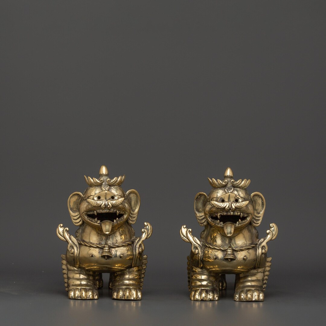 Handmade Tibetan Snow Lion Set | Brass Guardian Statues | Spiritual ...