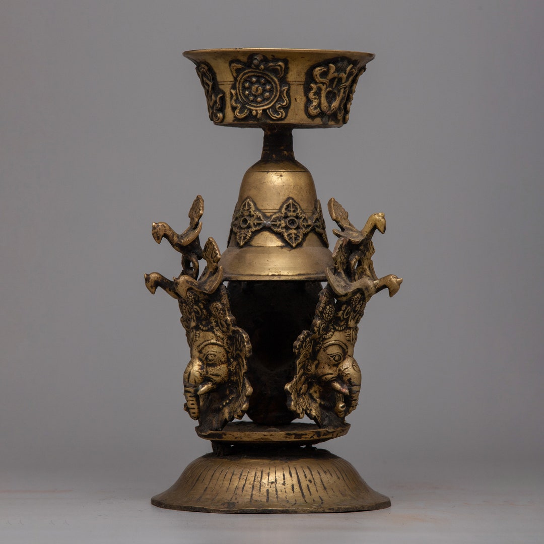 Lord Ganesh Carved Buddhist Butter Lamp Handcrafted With 8 Auspicious ...