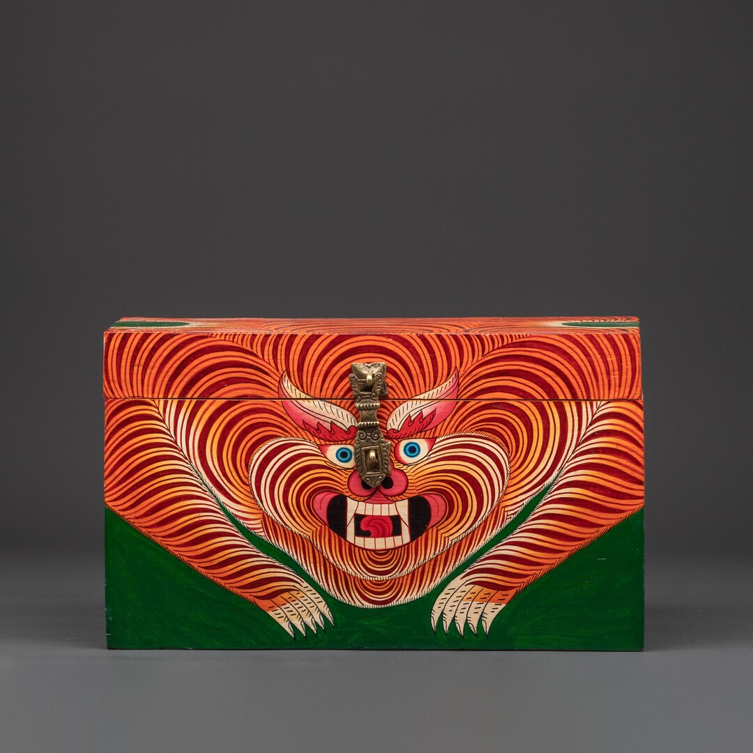 Hand Painted Tibetan Guardian Box | Bold Red and Green Wood Chest With ...