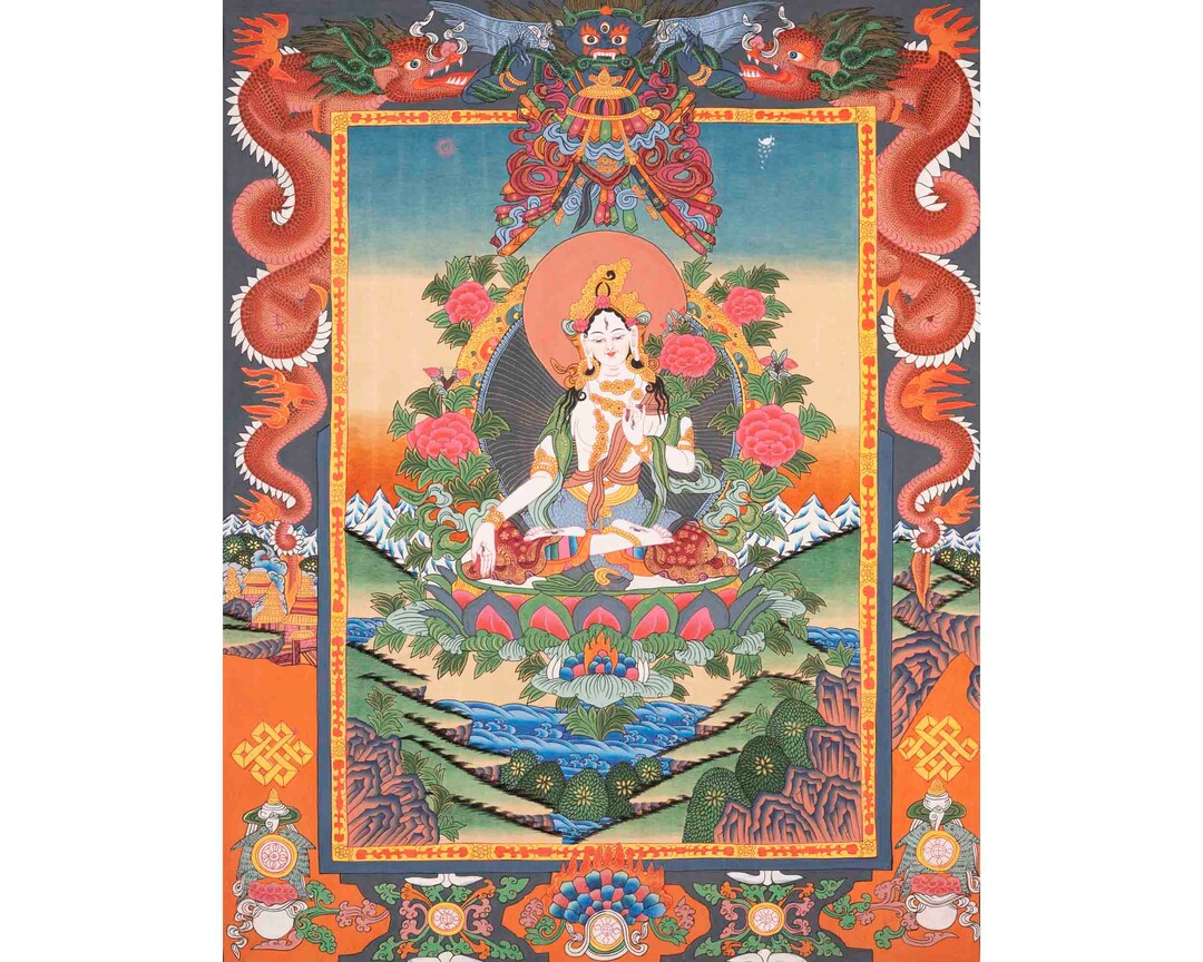 Dragon Border White Tara Thangka Original Hand Painted Healing Female ...