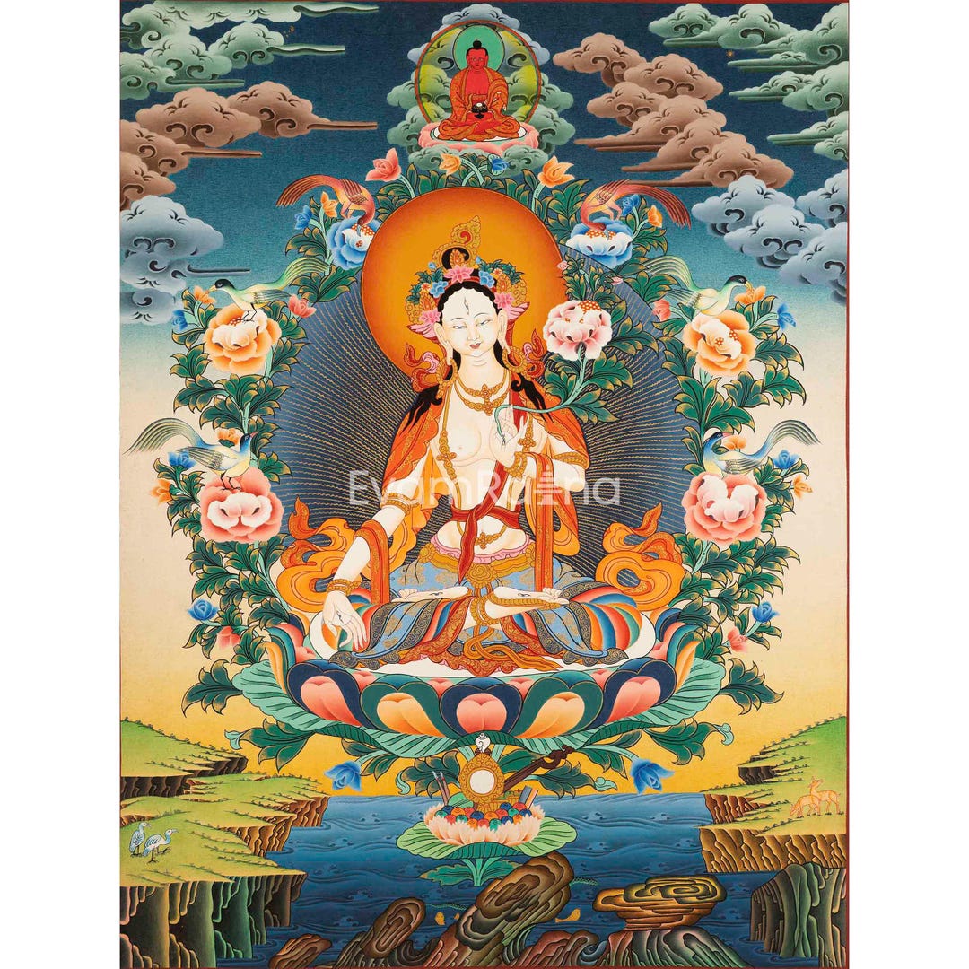 White Tara Thangka | Red Buddha Amitabha on Top | Genuine Hand-painted ...