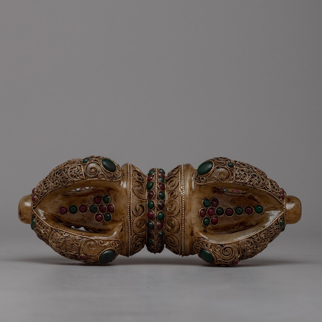 Tibetan Vajra With Gemstone Engraved | Buddhist Ritual Object ...