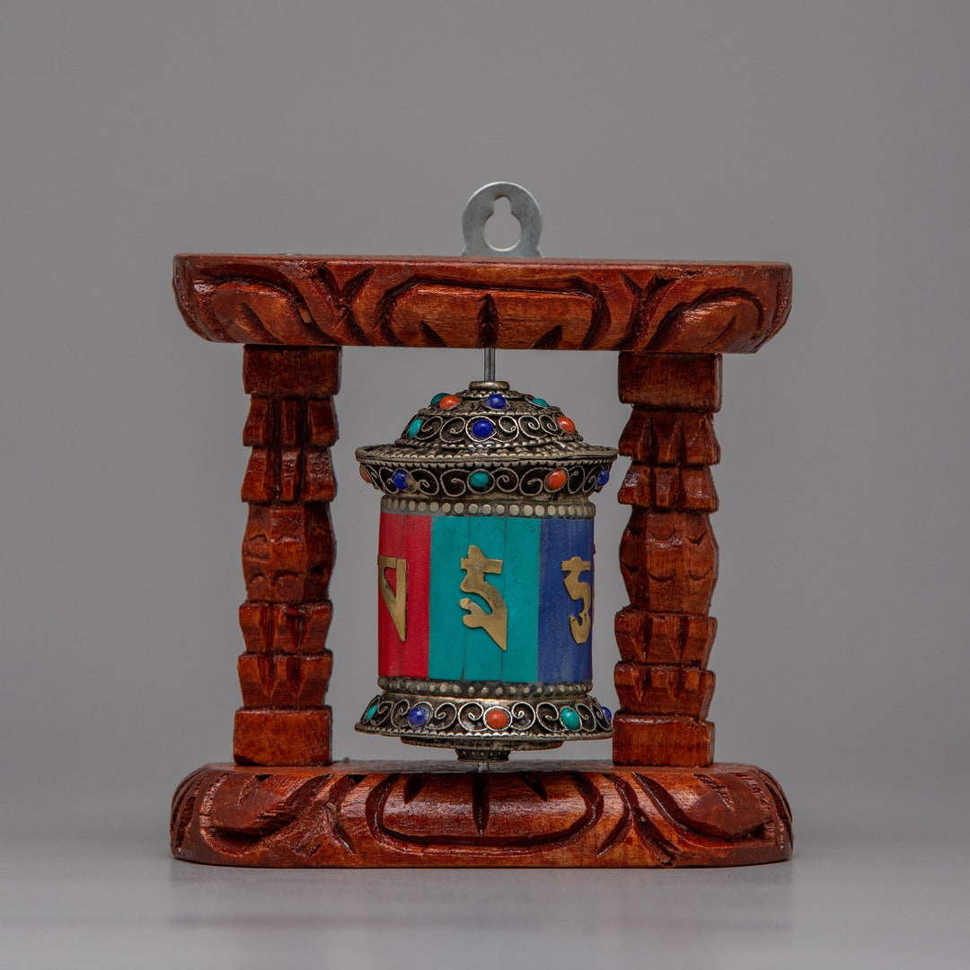 Handmade Tibetan Prayer Wheel on Wooden Frame | Om Mani Padme Hum ...