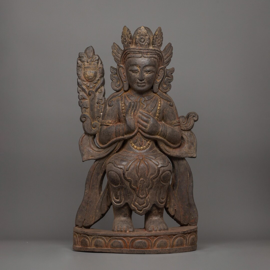 Maitreya Buddha Seated on Throne for Shrine Hand-carved Wooden Future ...