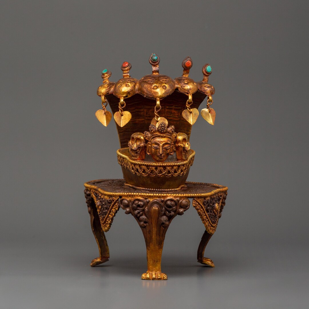 Gold-plated Kapala Skull Cup With Coral & Turquoise | 19.5cm Crystal ...