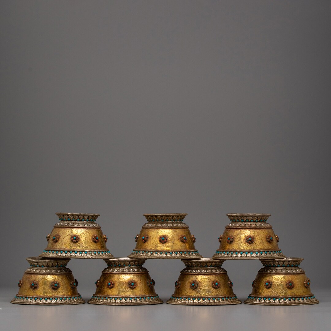 Handmade Tibetan Yonchap Water Offering Bowls - 7-piece Set for Ritual ...