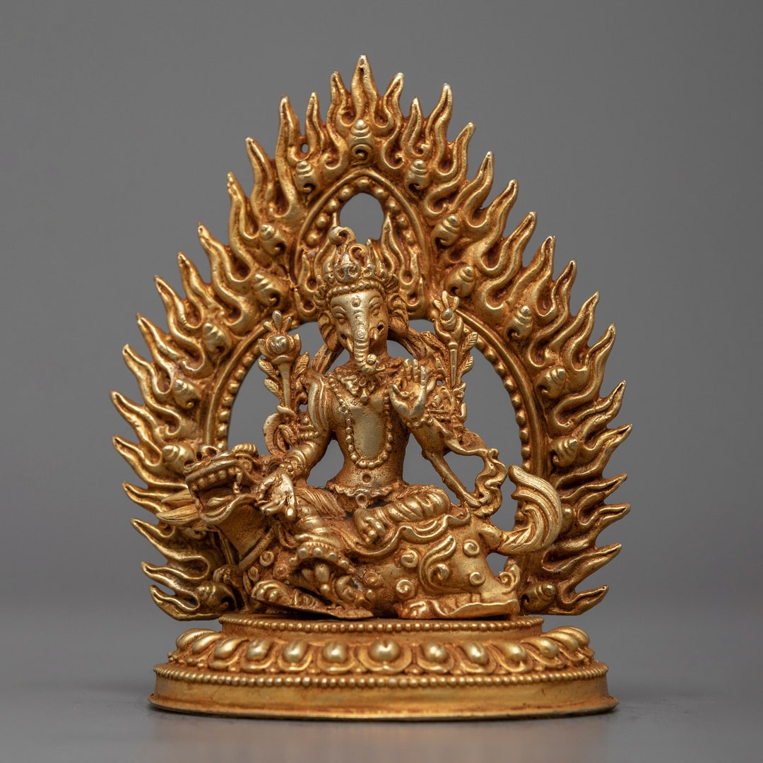 Machine Made Hindu Deity Ganesh on Lion Statue With Delicate 24K Gold ...