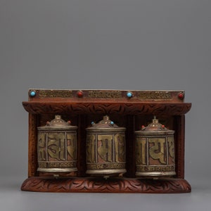 Sacred Spinning Prayer Wheel | 3 Wheel Wood Stand With Om Mane Padme ...