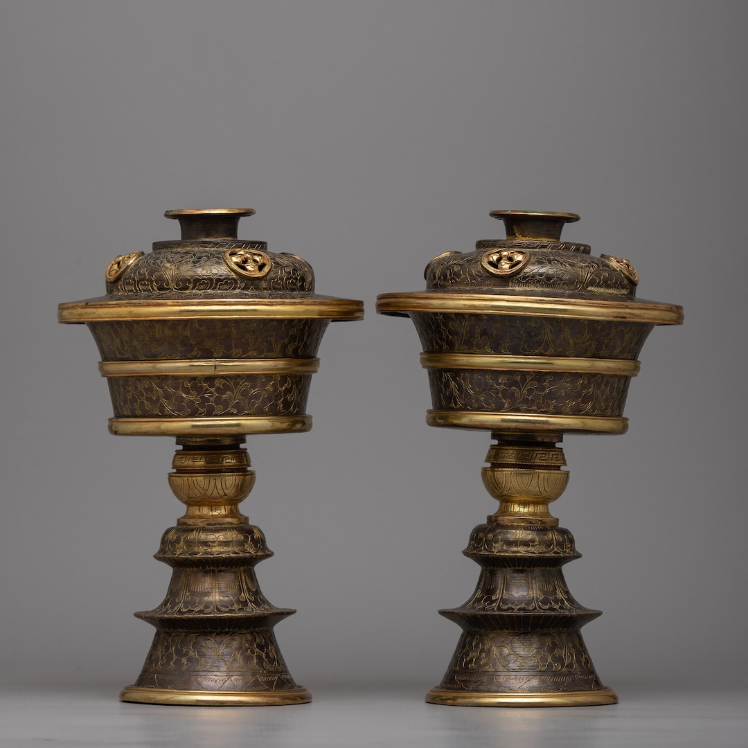 Buddhist Copper Butter Lamp Set | Handcrafted Tibetan Ghee Oil Lamp ...