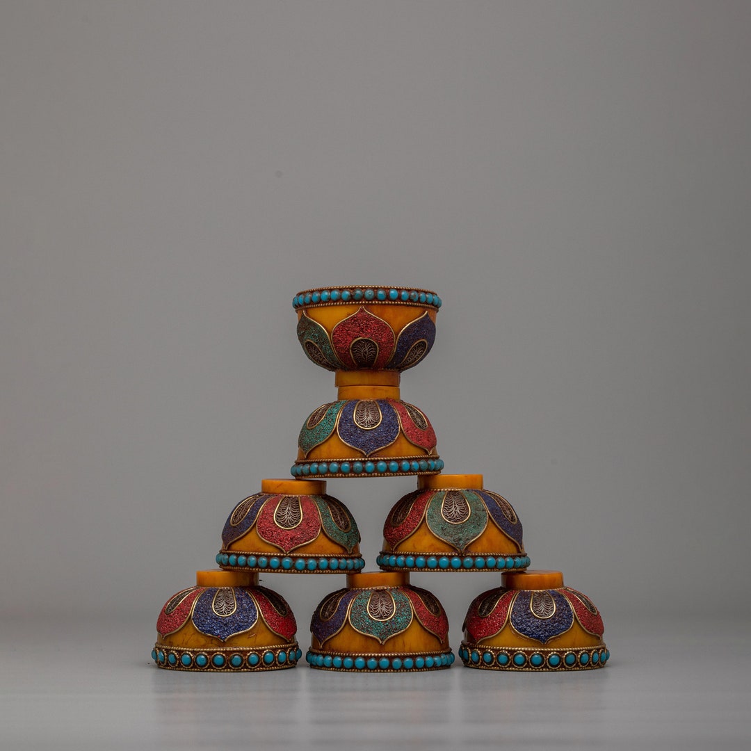 Beautiful Set of Water Offering Bowls Tibetan Buddhist Religious ...