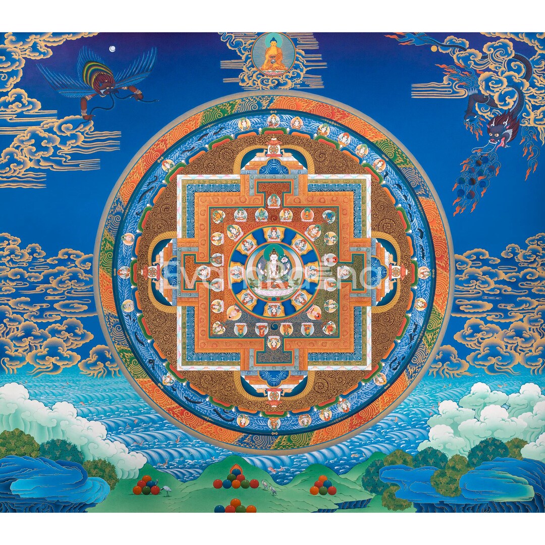 Chenresig Mandala Thangka Print | Traditional Tibetan Mandala Artwork ...