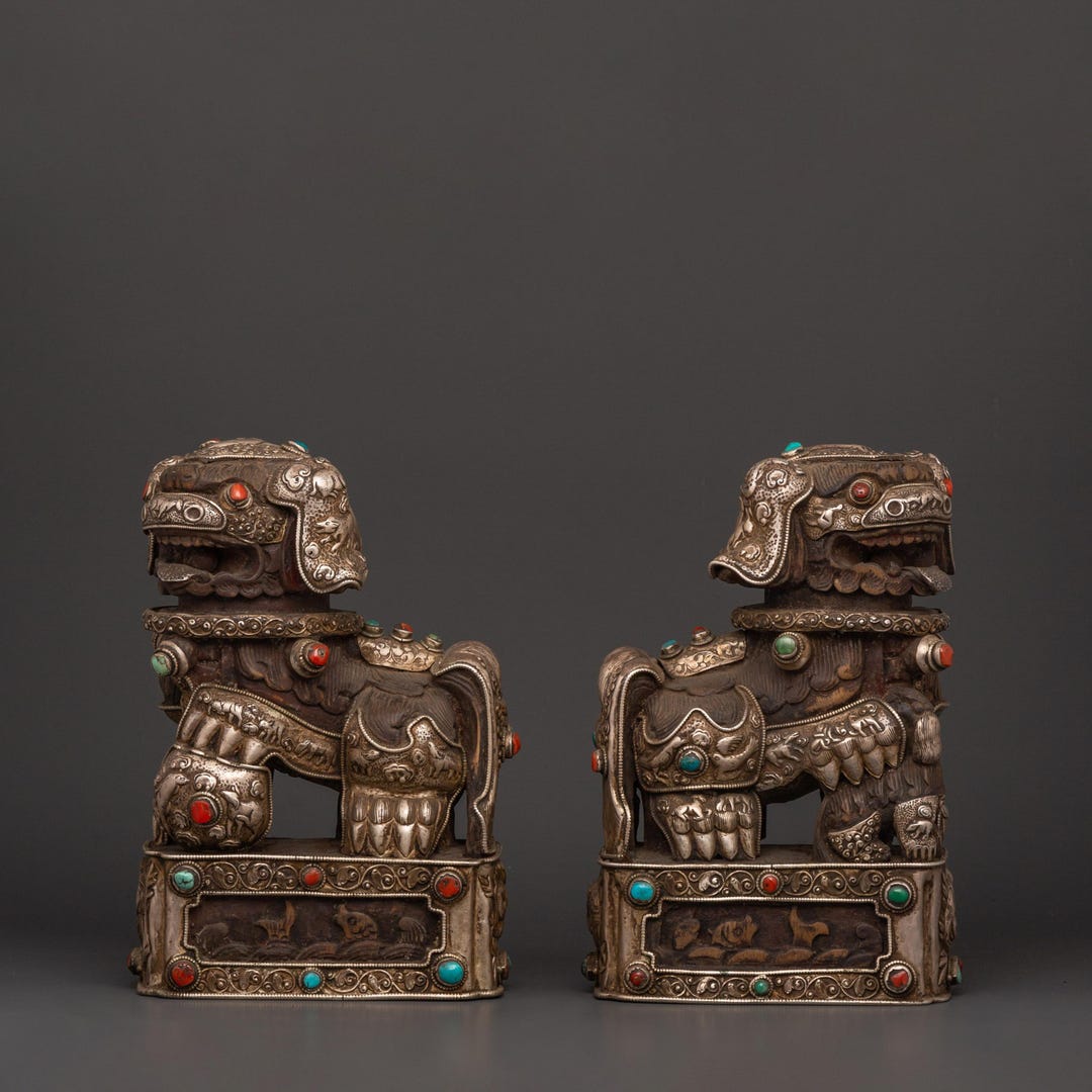 Tibetan Snow Lion Statue Set | Spiritual Decor With Antique Finish ...