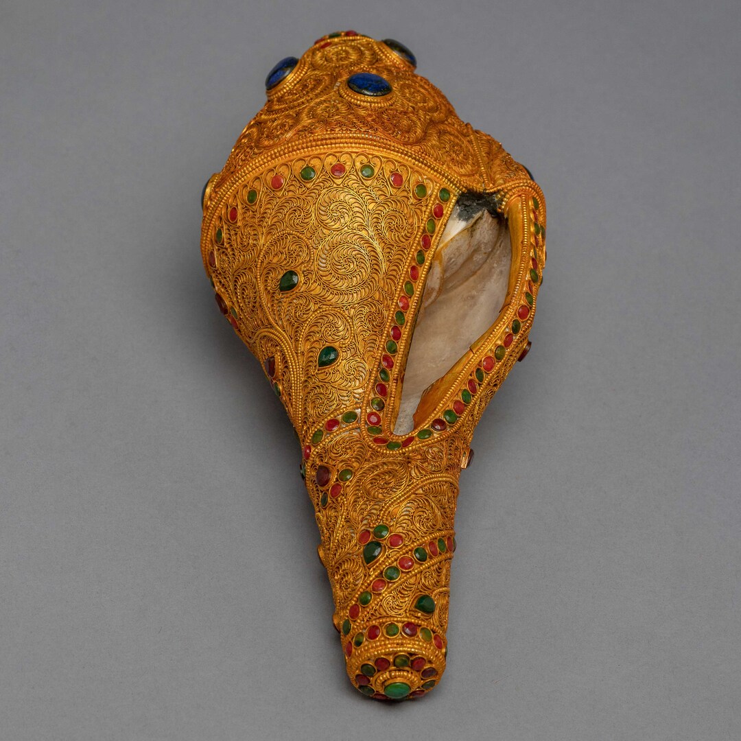 24K Gold Plated Conch Shell | Tibet Buddhist Religious Deeply Carved ...