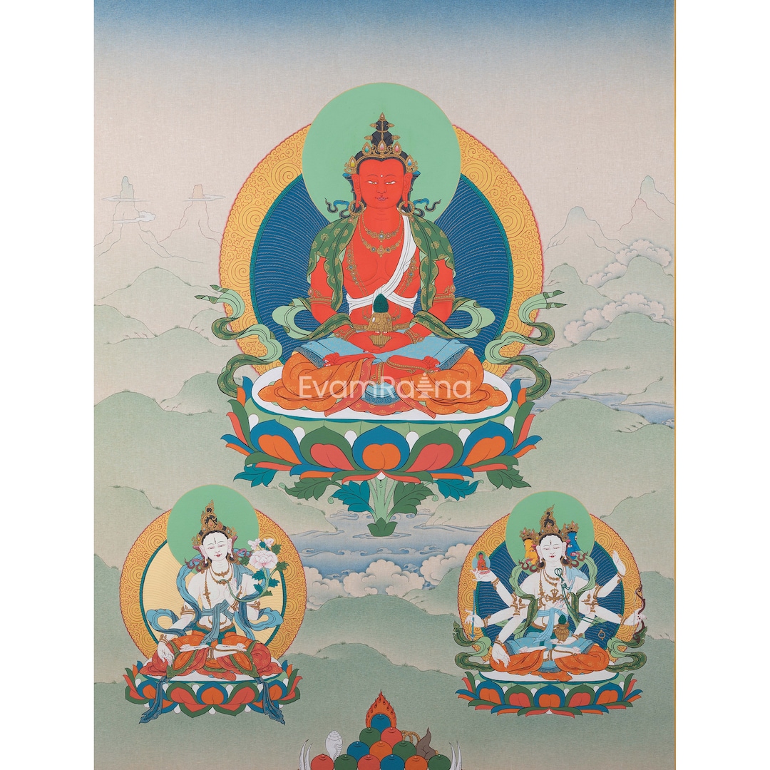Amitayus With White Tara and Namgyalma Thanka Print | Deity of ...
