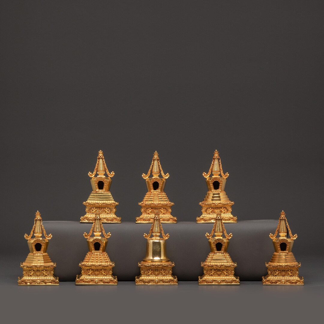 Tibetan Stupa Set, Copper Body Gold Plated 13cm Tall, Sacred Buddhist ...
