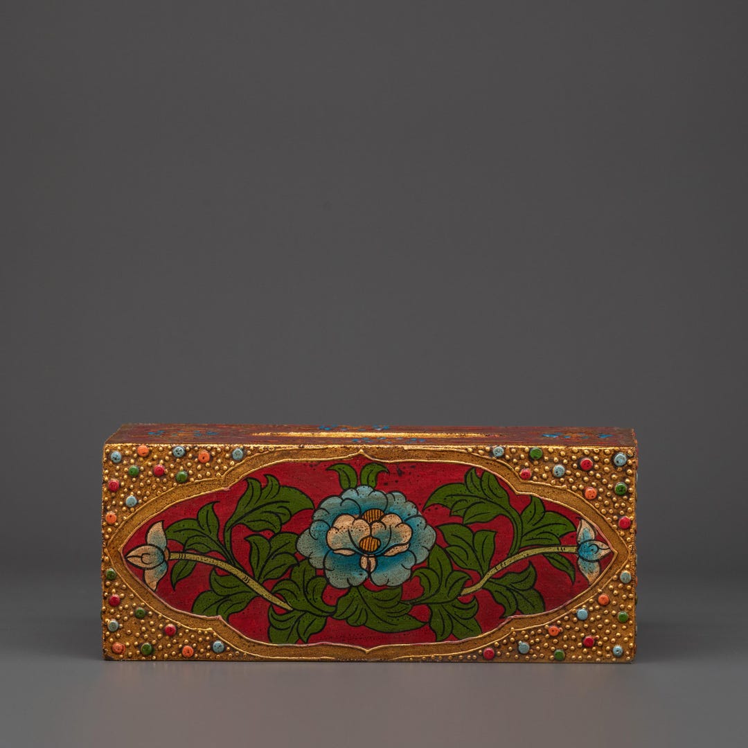 Tibetan Floral Tissue Box | Hand Painted Red Wood Box With Blue Lotus ...