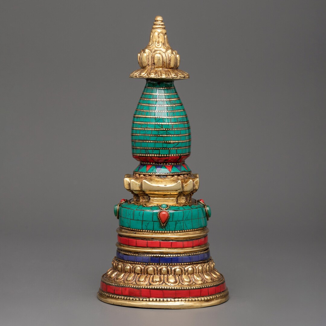 Himalayan Copper Stupa | Traditional Buddhist Shrine With Turquoise and ...