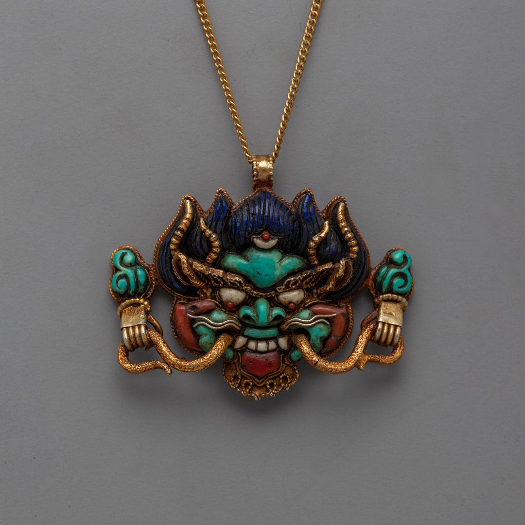 Bright and Symbolic Pure Gold Garuda Face Locket With Coral and Lapis ...