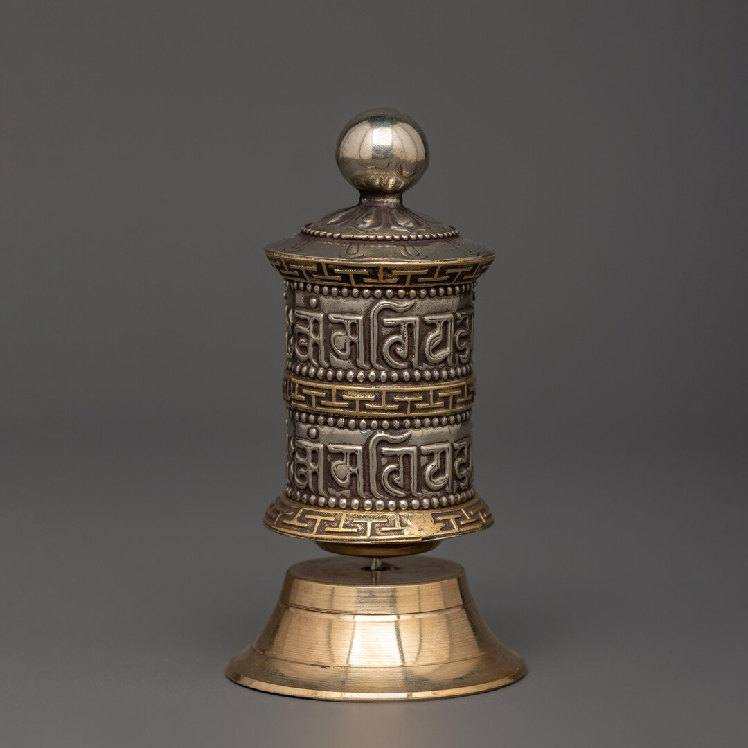 Mini Tibetan Prayer Wheel | 10cm Brass and Copper Tabletop Spinner | Om ...