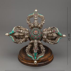 Silver Double Dorje With Wooden Stand | Tibetan Nepal Religious Item ...