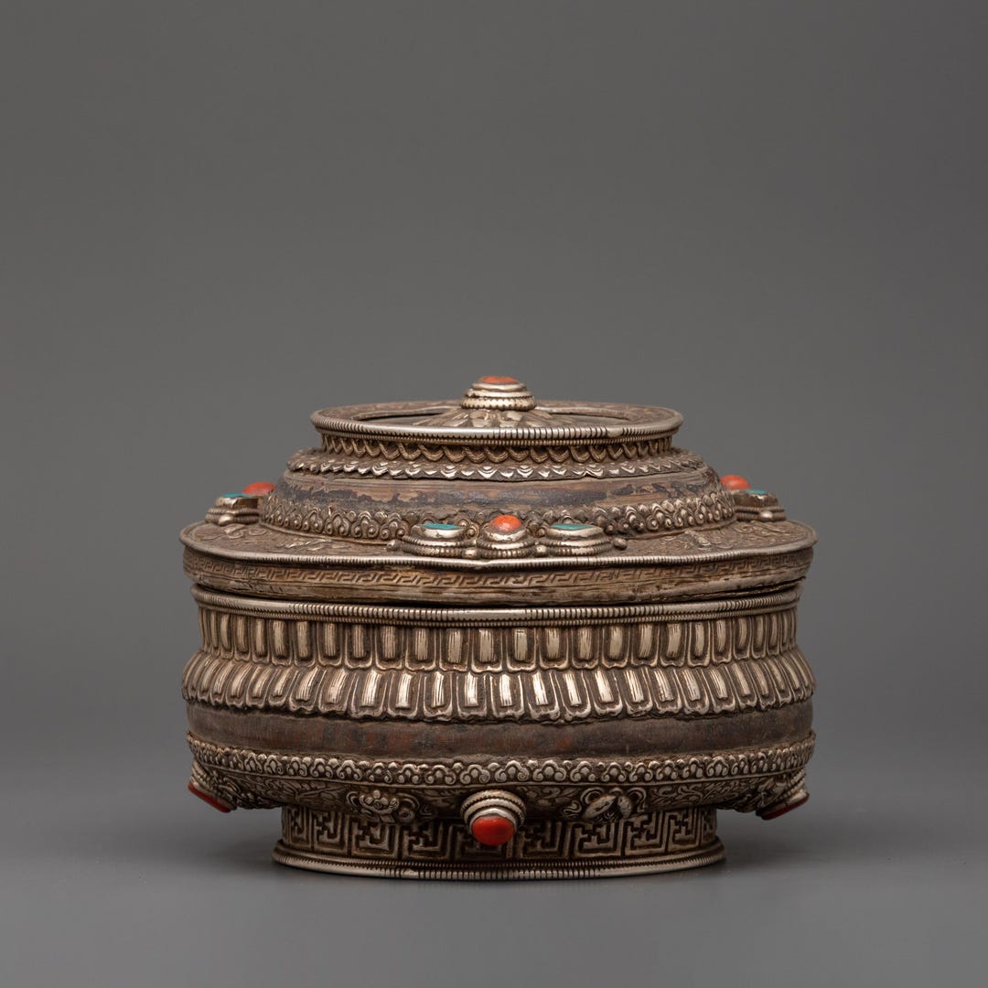 Pure Silver Rice Pot With Coral Stones | 12.5cm Tibetan Offering Bowl ...