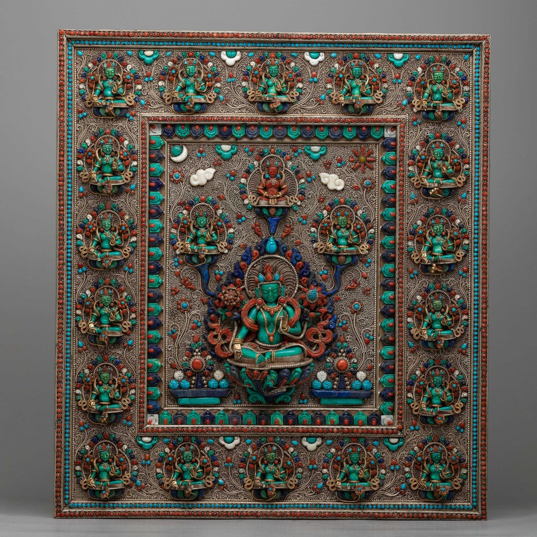 Handmade Green Tara Metal Thangka Turquoise ,lapis, Coral ,conch Stones ...