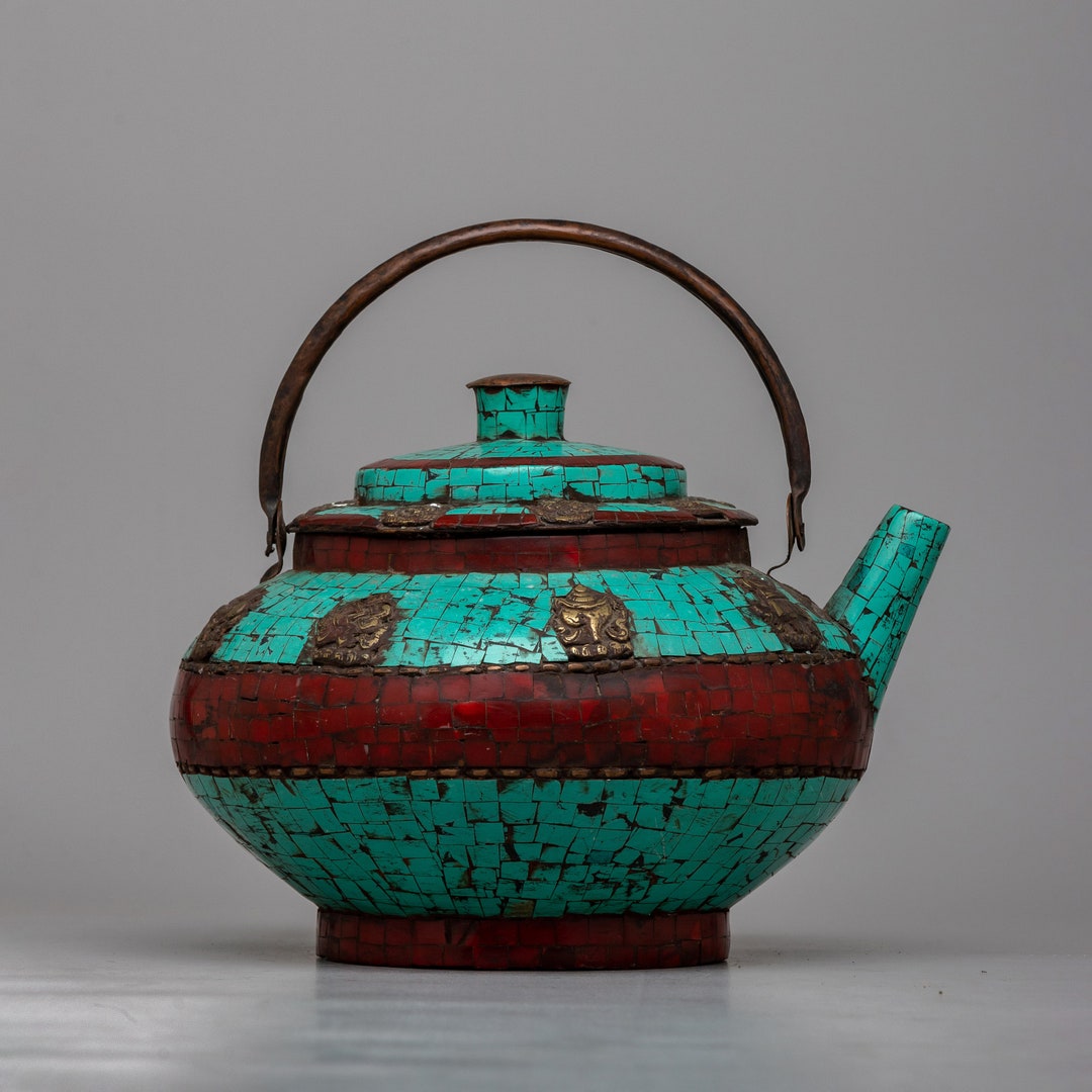 Buddhist Ritual Tea Kettle | Handcrafted Tibetan Tea Pot With Turquoise ...