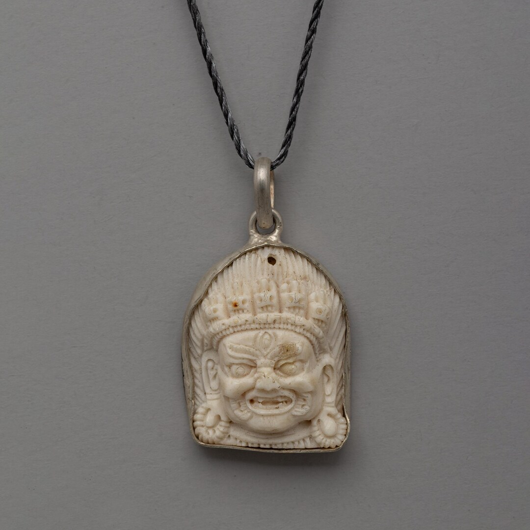 Hand-carved Bhairav Locket | 3.7cm Buffalo Bone Pendant With White ...
