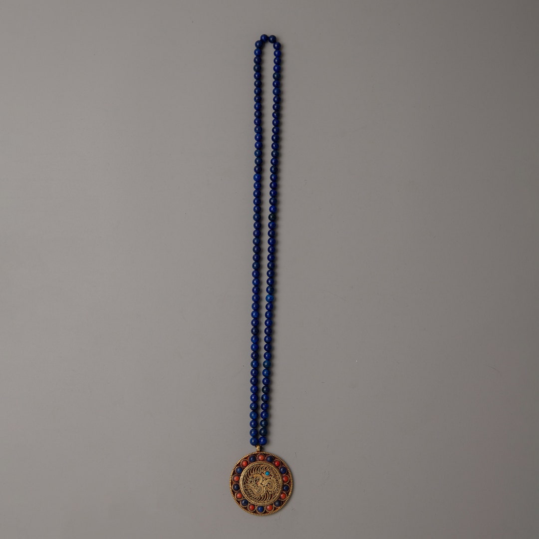Copper Ohm Necklace Lapis Lazuli Locket With Turquoise & Coral Inlay ...