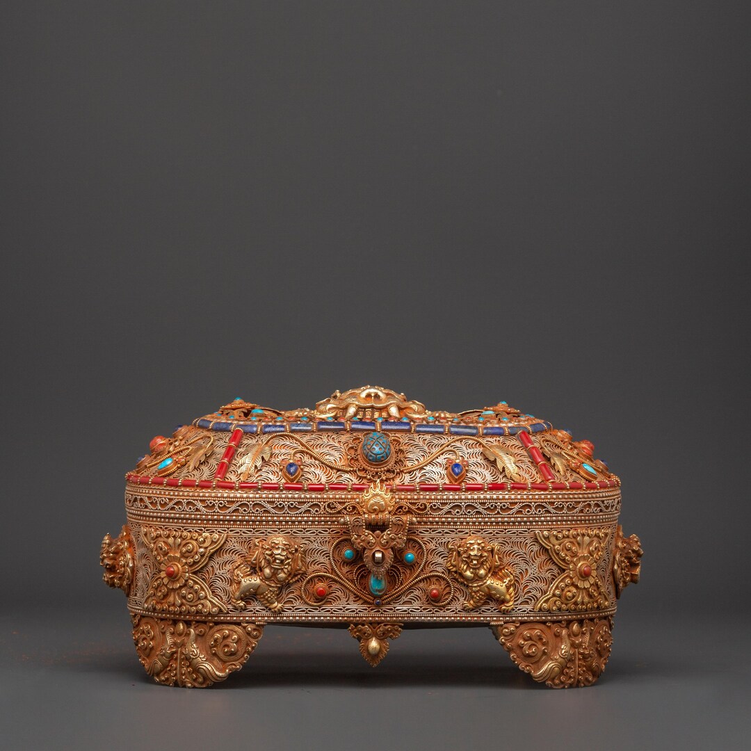 Gold-plated Copper Tibetan Treasure Box | Buddhist Altar Storage for ...