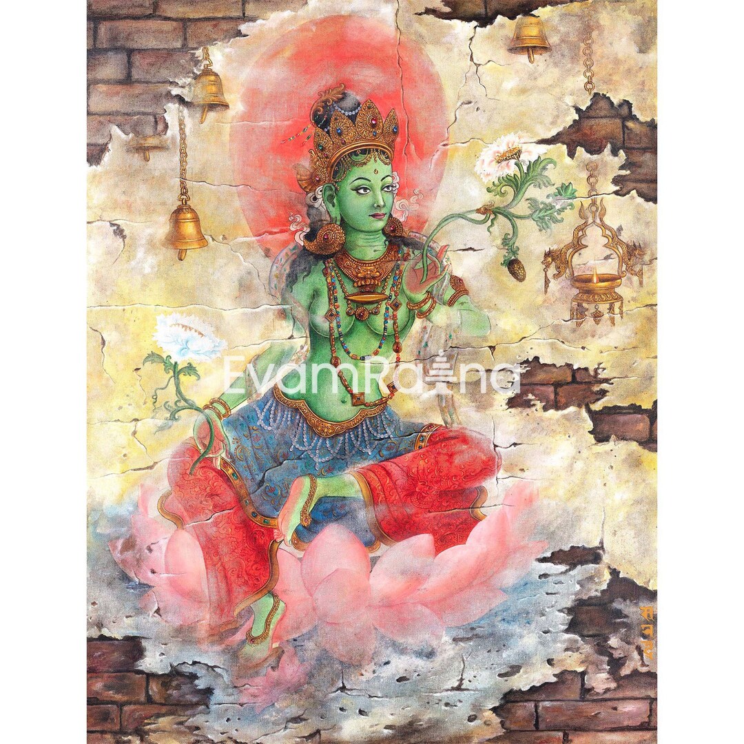 Oil Painting of Arya Green Tara | Large Size Tara Painting for Wall ...
