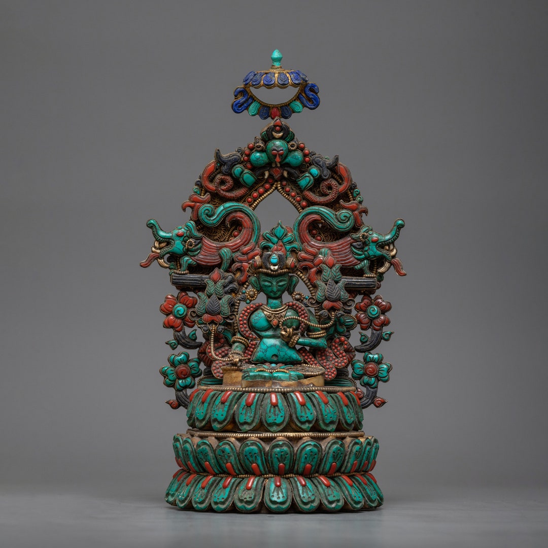 Handmade Goddess Green Tara Turquoise Statue Adorned With Coral Stone ...