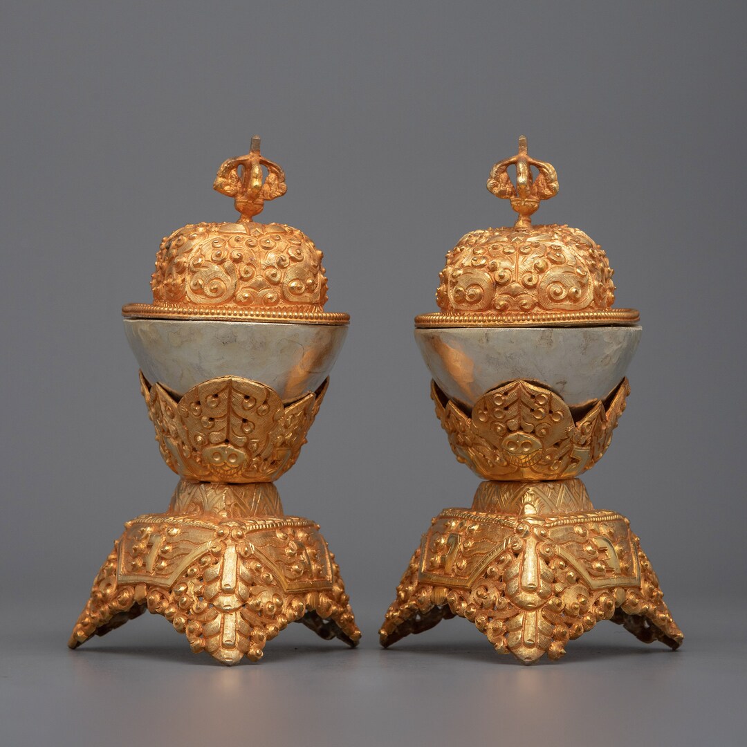 24K Gold Plated Buddhist Tantric Ritual Offering Skull Cup Set With ...