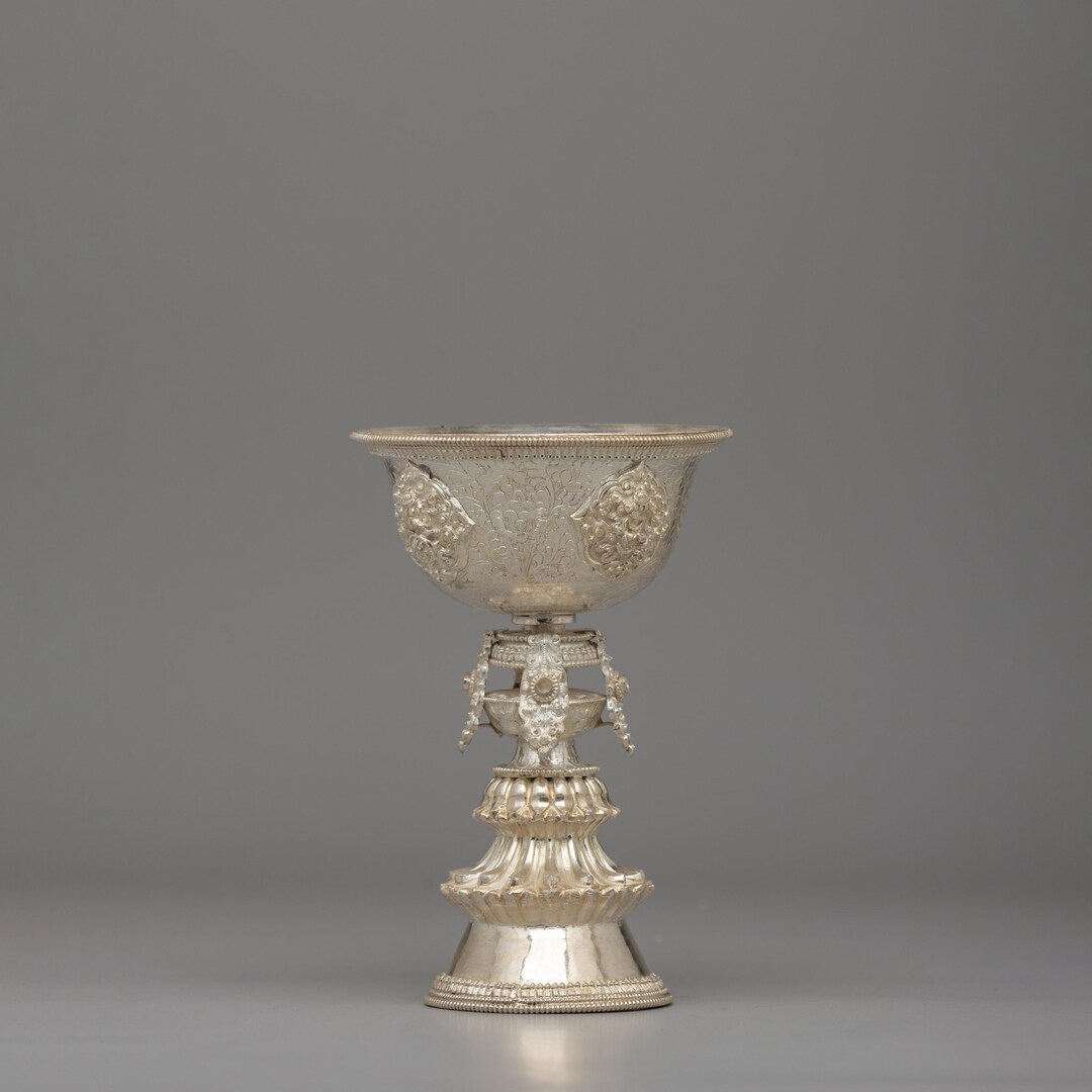 Traditional Silver Tibetan Butter Lamp | 16cm Offering Lamp With ...
