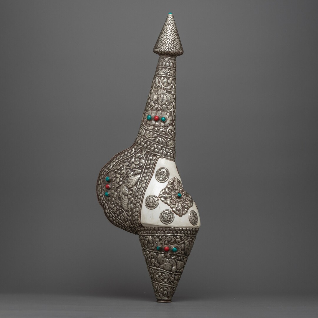 Spiritual White Metal Shankha | Conch Shell Featuring Sacred Buddhist ...