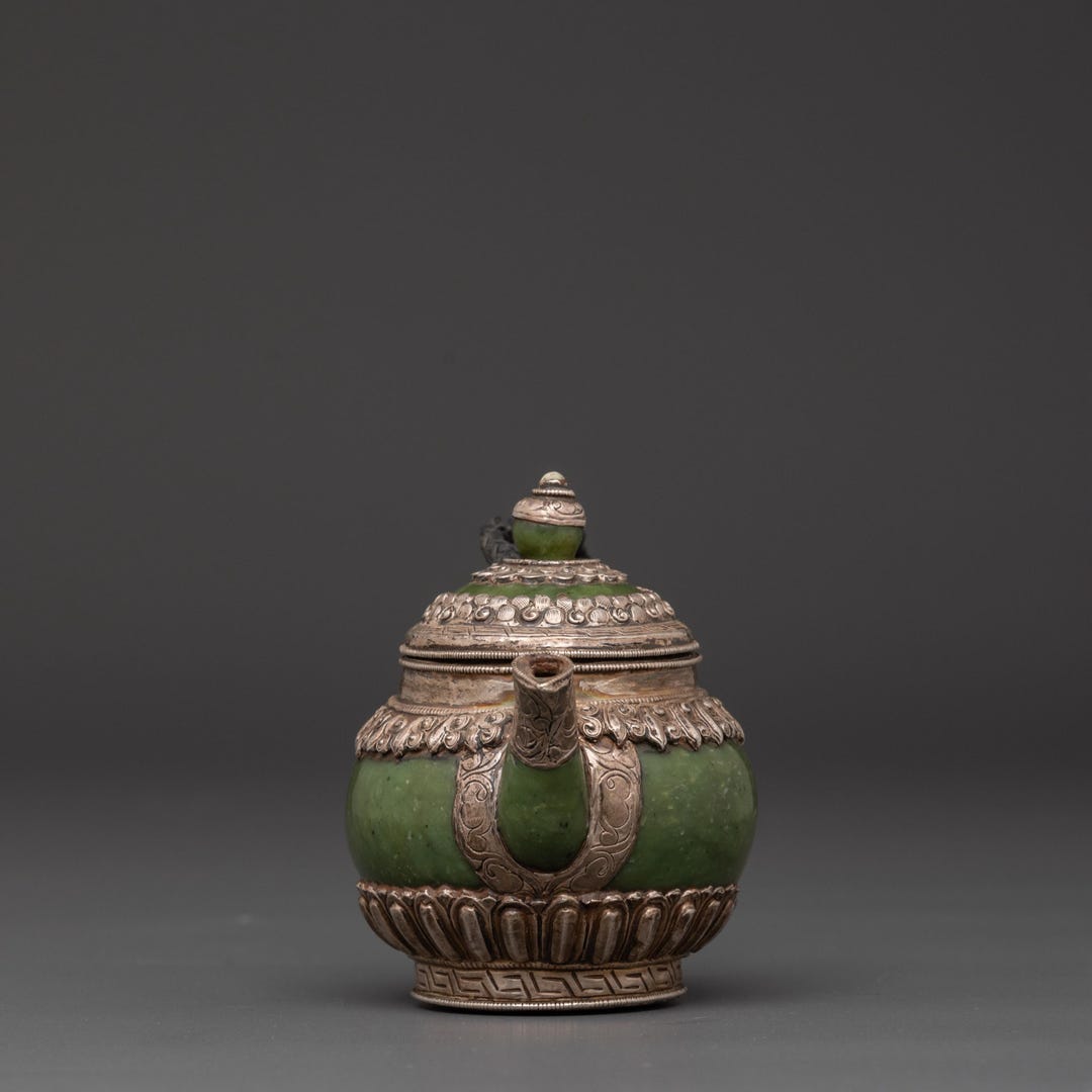 Tibetan Aesthetic Silver Tea Pot With Jade Inlay | 92.5% Silver Ritual ...