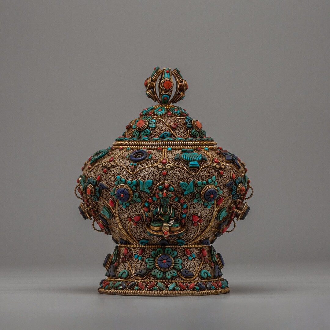 Tibetan Dhupur Offering Pot Hand Carved Buddhist Copper Nesi Sacred ...
